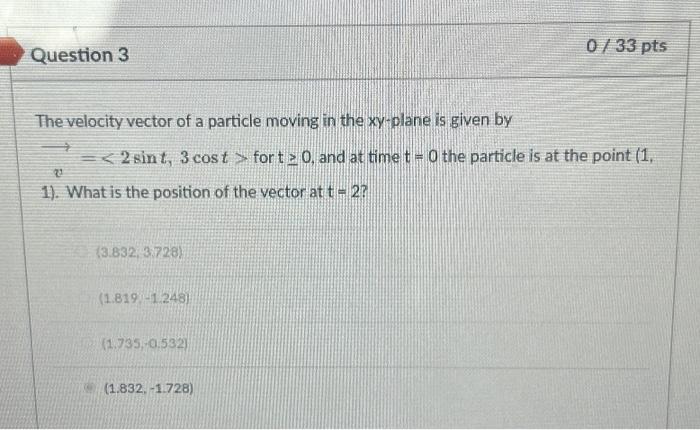 Solved Question 3 The velocity vector of a particle moving | Chegg.com