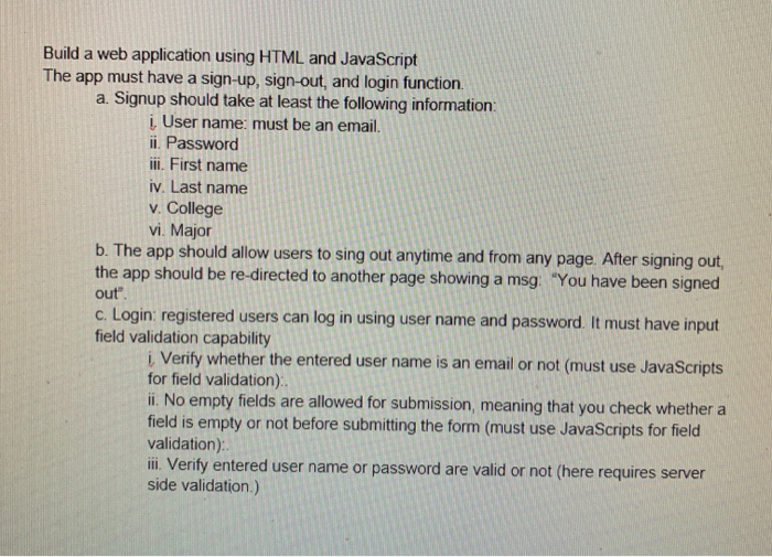 Solved Build a web application using HTML and JavaScript The | Chegg.com
