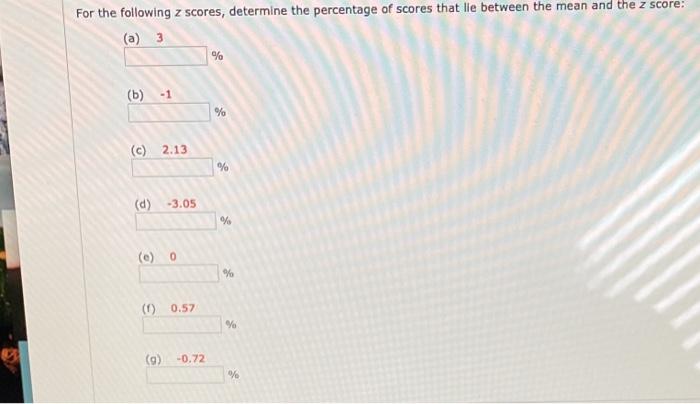 Solved For the following z scores, determine the percentage | Chegg.com