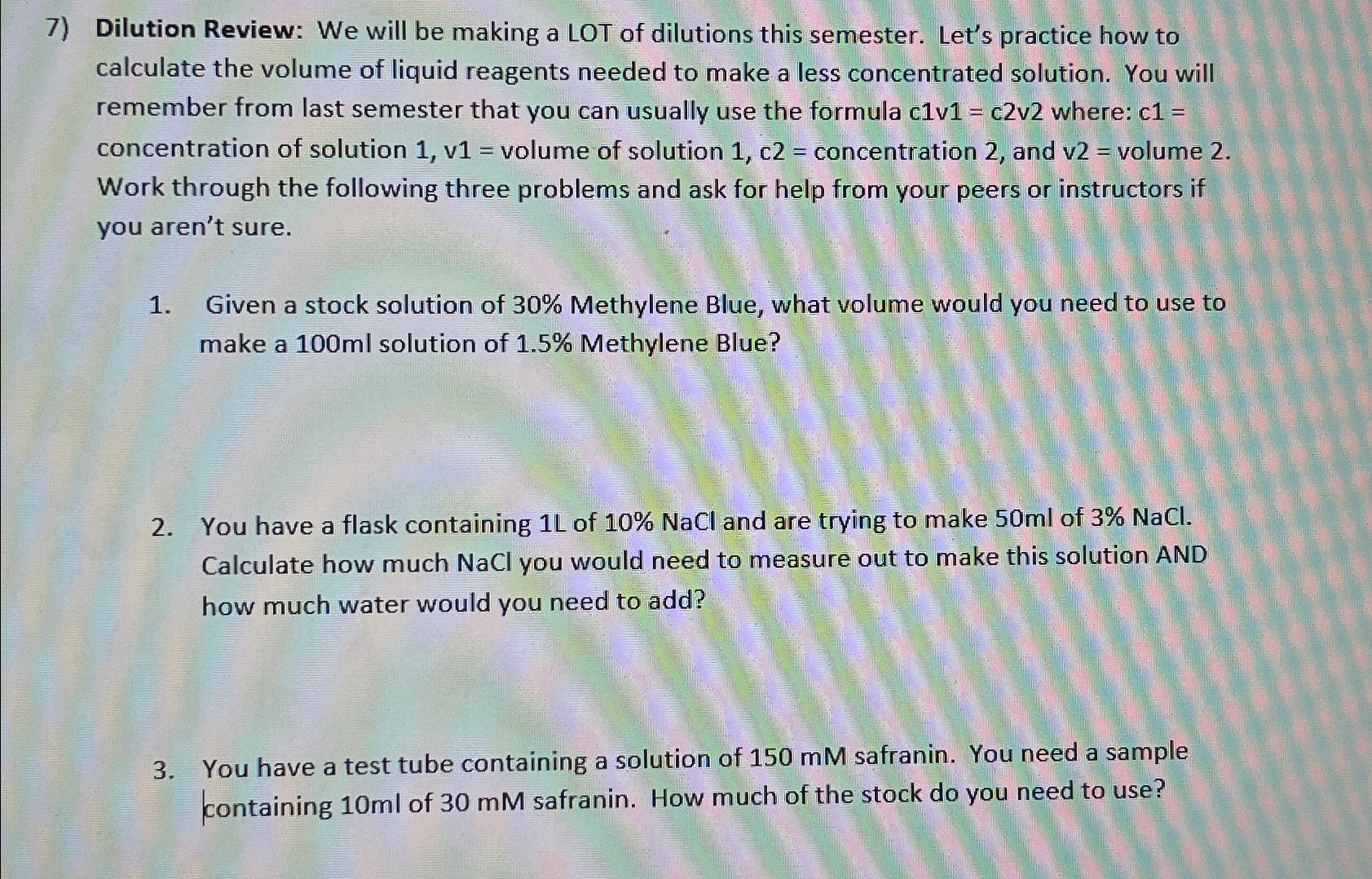 Solved Dilution Review: We will be making a LOT of dilutions | Chegg.com