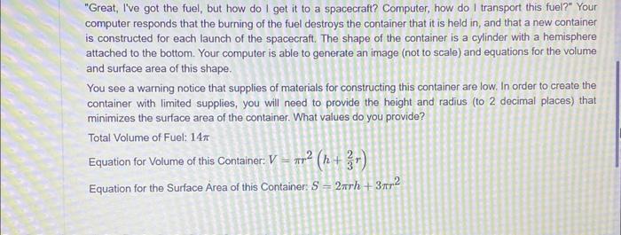 Solved \"Great, I've got the fuel, but how do I get it to a | Chegg.com
