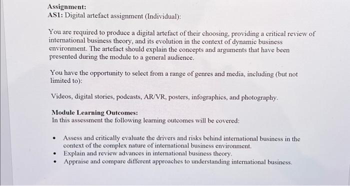 Solved Assignment: AS1: Digital artefact assignment | Chegg.com