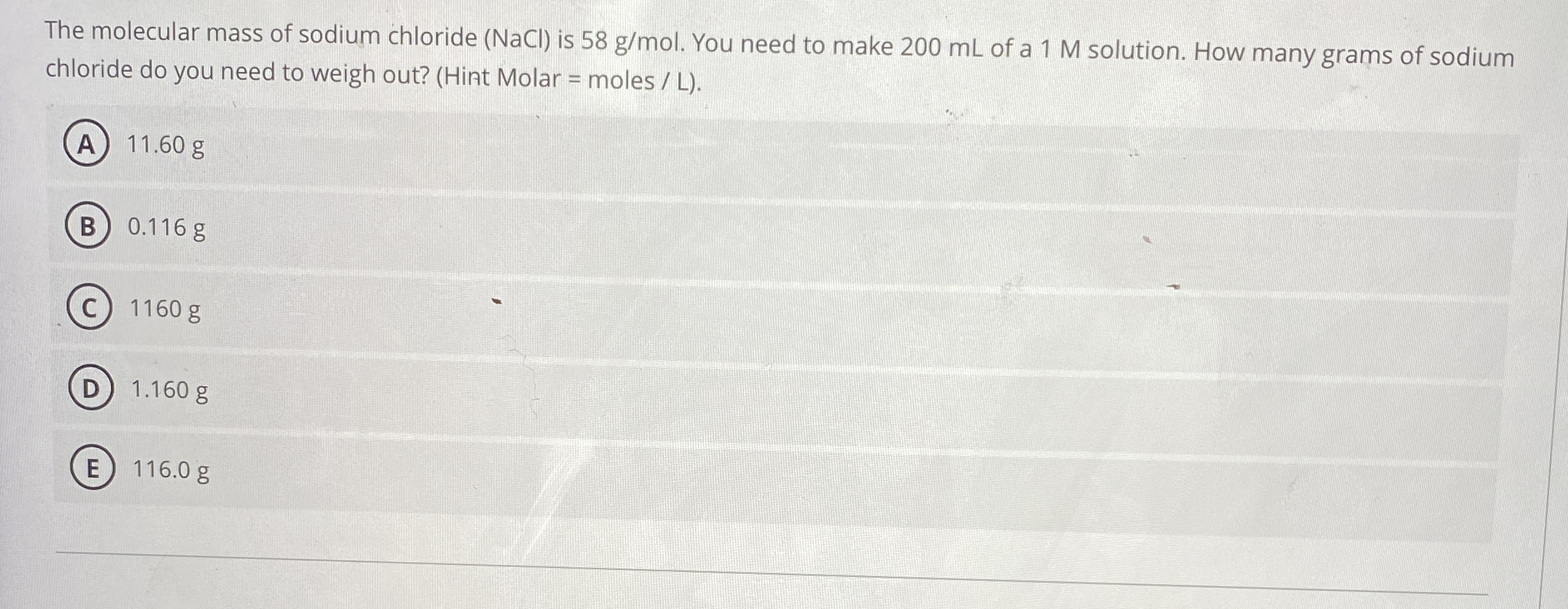 Solved The molecular mass of sodium chloride (NaCl) ﻿is | Chegg.com