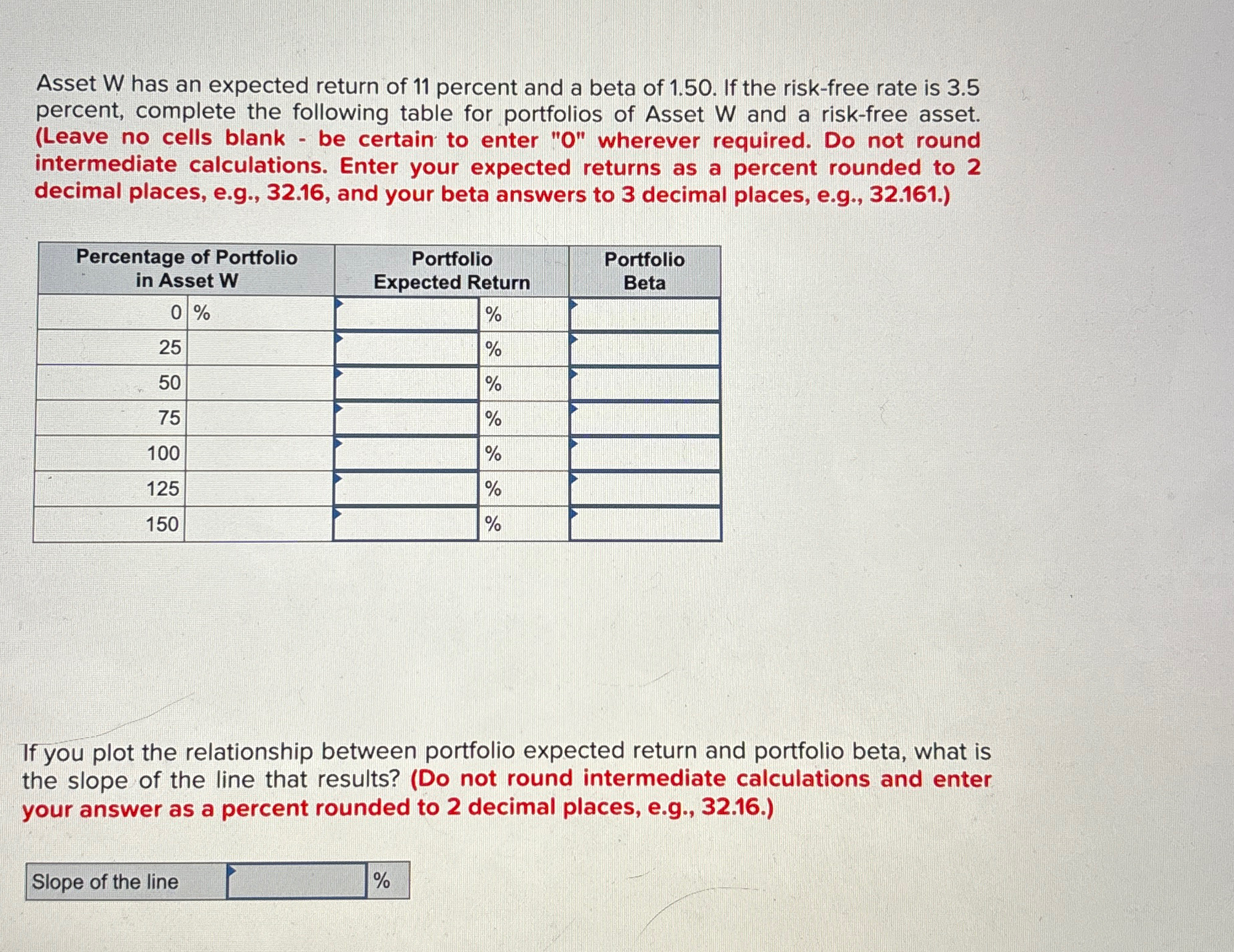 Asset W ﻿has an expected return of 11 ﻿percent and a | Chegg.com