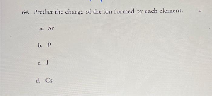 Solved 64. Predict the charge of the ion formed by each | Chegg.com