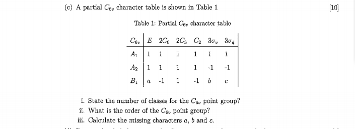 Solved (c) A partial C6v character table is shown in Table 1 | Chegg.com