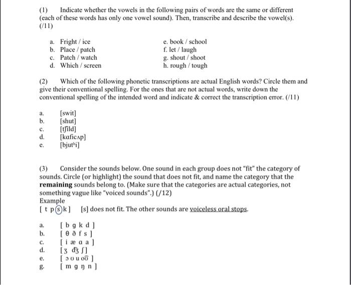 (1) Indicate whether the vowels in the following | Chegg.com