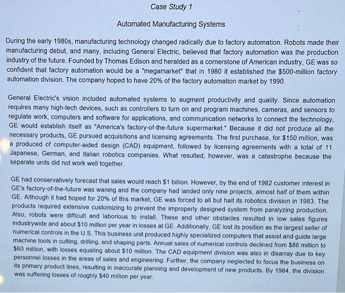 Solved Automated Manufacturing Systems During the early 1980 | Chegg.com