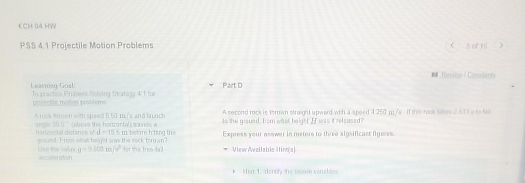 Solved (CH 04 HW PSS 4.1 Projectile Motion Problems > Part D | Chegg.com