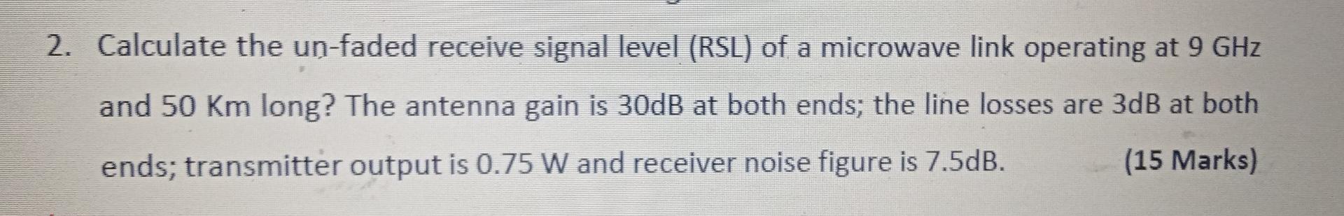 Solved 2. Calculate the un-faded receive signal level (RSL) | Chegg.com