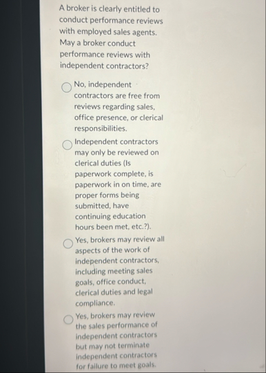 Solved A broker is clearly entitled to conduct performance | Chegg.com