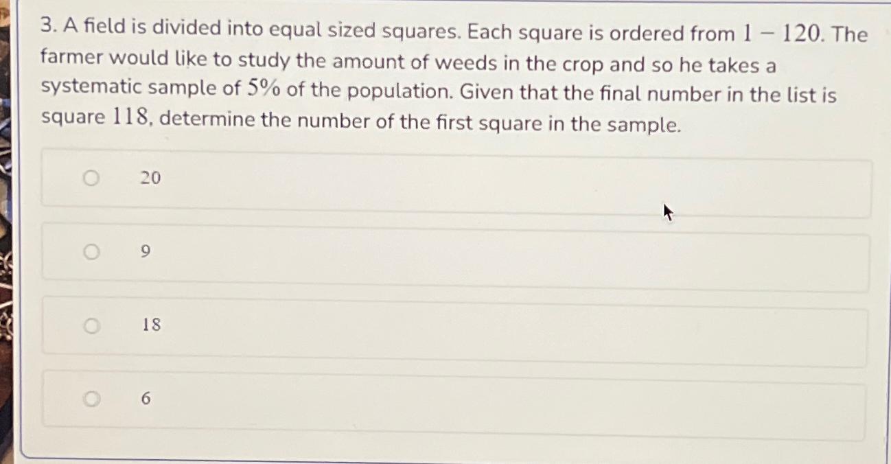 Solved A field is divided into equal sized squares. Each | Chegg.com