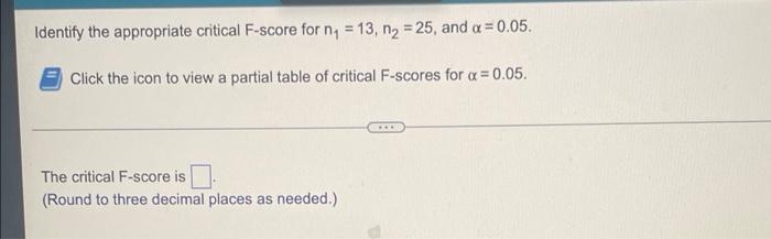 Solved Identify the appropriate critical F-score for ny = | Chegg.com