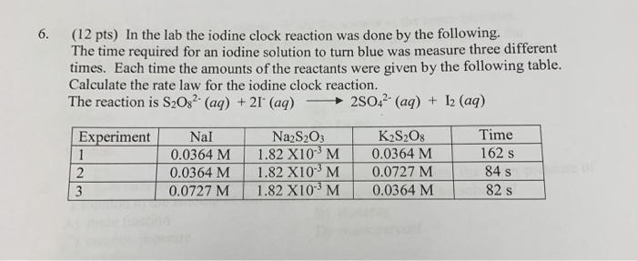 Solved (12 pts) In the lab the iodine clock reaction was | Chegg.com