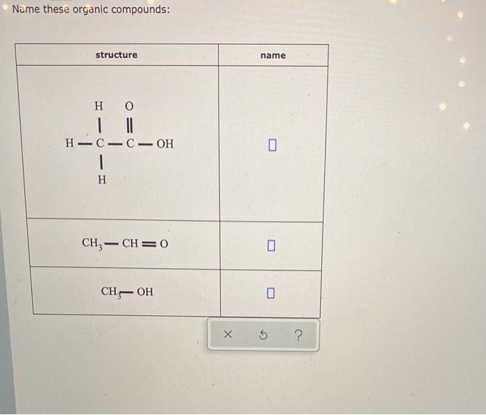 Solved Name these organic compounds: structure name Η ο | Chegg.com