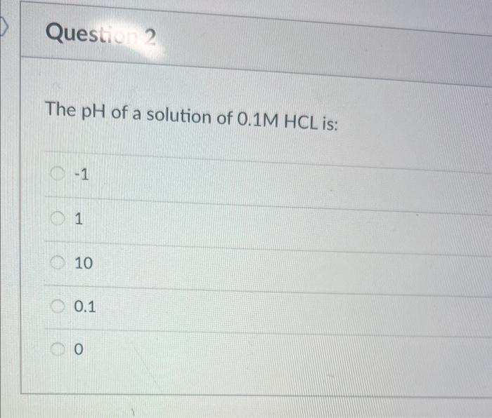 Solved The pH of a solution of 0.1MHCL is: −1 1 10 0.1 0 | Chegg.com