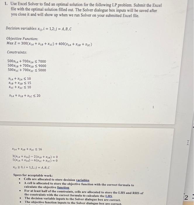 Solved 1 Use Excel Solver To Find An Optimal Solution For