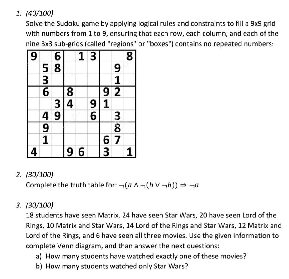 Solved 1. (40/100) Solve the Sudoku game by applying logical | Chegg.com
