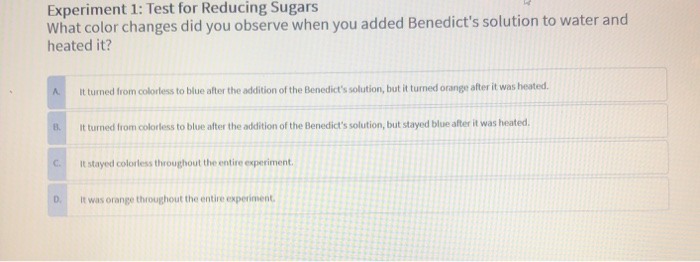 Solved Experiment 1: Test for Reducing Sugars What color | Chegg.com