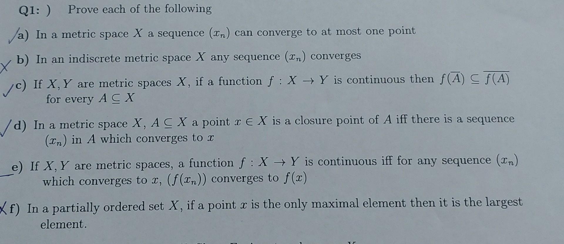 Solved Q1: ) Prove each of the following a) In a metric | Chegg.com