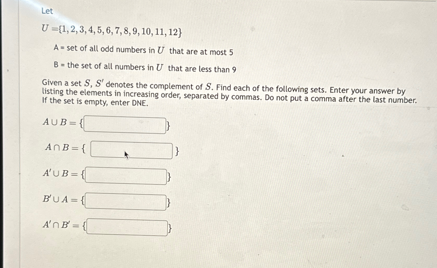 Solved LetU={1,2,3,4,5,6,7,8,9,10,11,12}A= ﻿set of all odd | Chegg.com