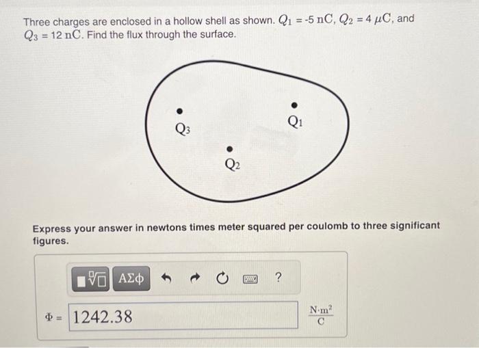 Solved Three charges are enclosed in a hollow shell as | Chegg.com