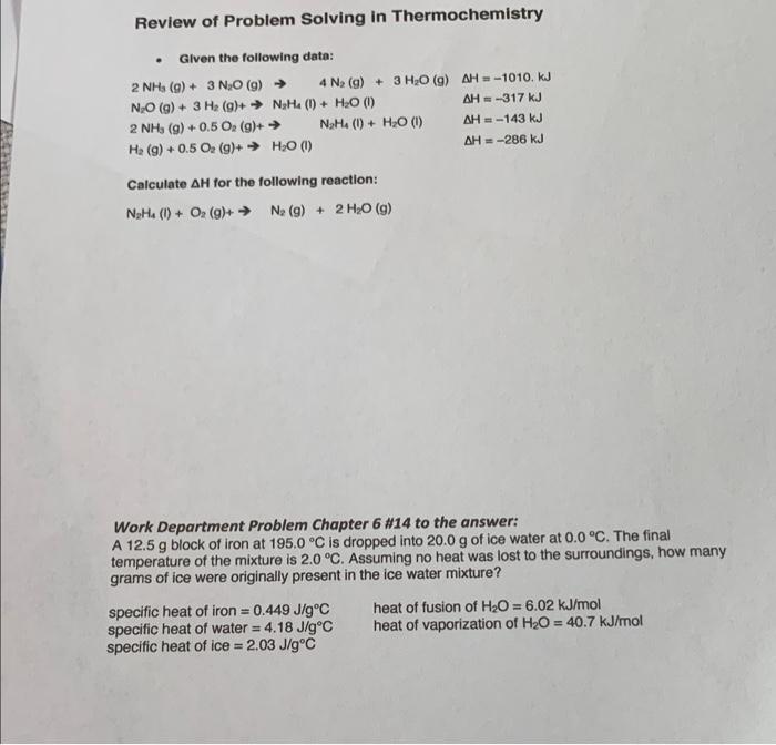 Solved Review of Problem Solving in Thermochemistry Given | Chegg.com