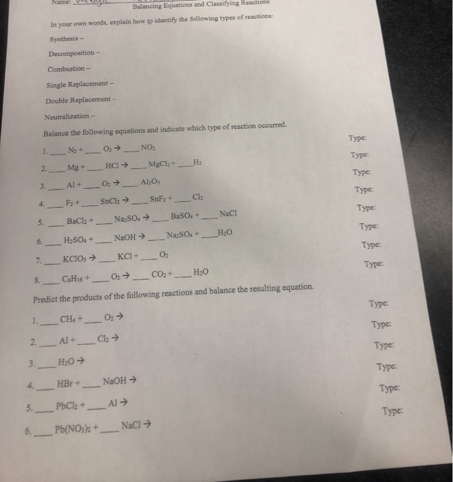Solved Name: vlug Balancing Equations and Classifying | Chegg.com