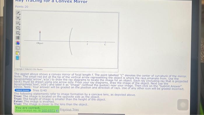 Solved The applet above shows a convex mirror of focal | Chegg.com