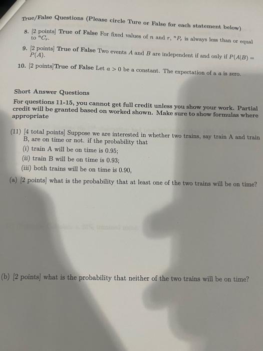 Solved True/False Questions (Please circle Ture or Falso for | Chegg.com