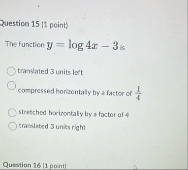Solved Question 15 (1 ﻿point)The function y=log4x-3 | Chegg.com