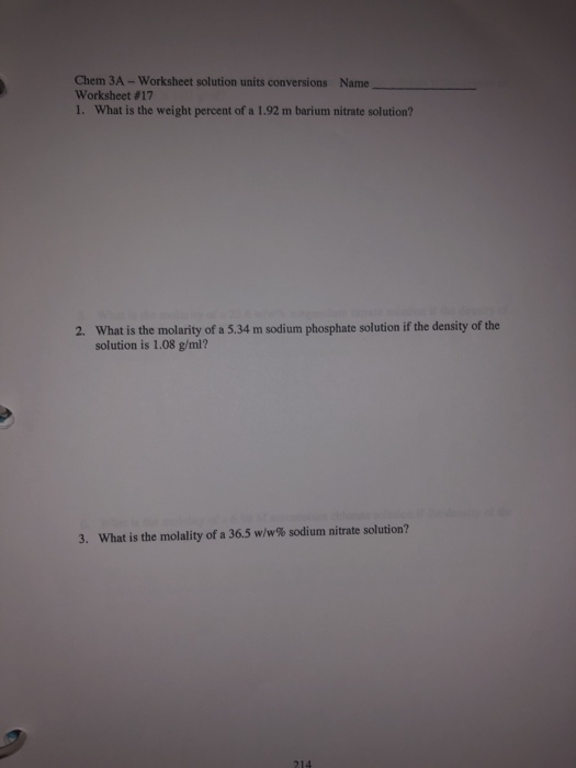 Solved Chem 3A - Worksheet solution units conversions Name | Chegg.com