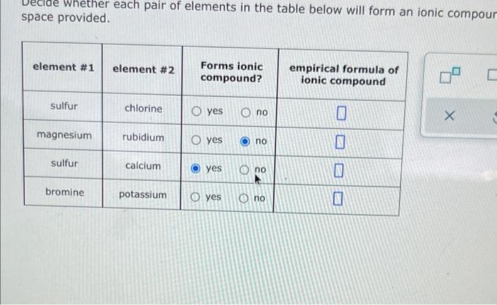 Solved Whether each pair of elements in the table below will | Chegg.com