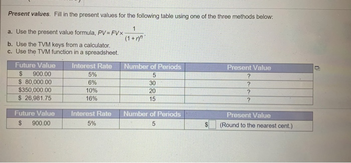 Solved Present values. Fill in the present values for the | Chegg.com