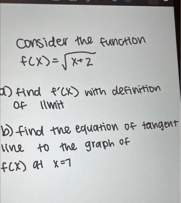 Solved Consider the function f(x)=x+2 a) find f′(x) with | Chegg.com