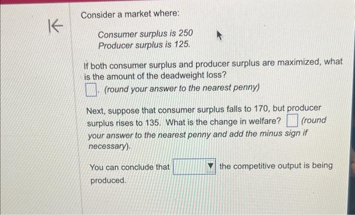 Solved Consider a market where: Consumer surplus is 250 | Chegg.com