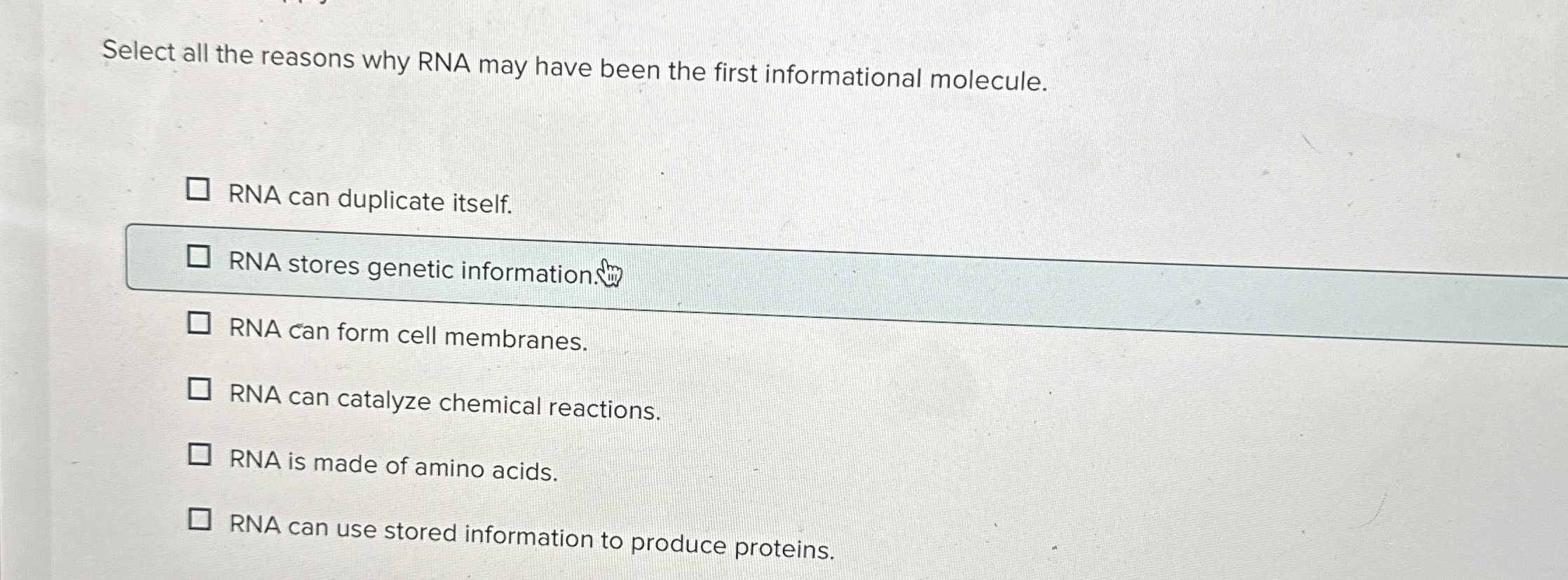 Solved Select all the reasons why RNA may have been the | Chegg.com