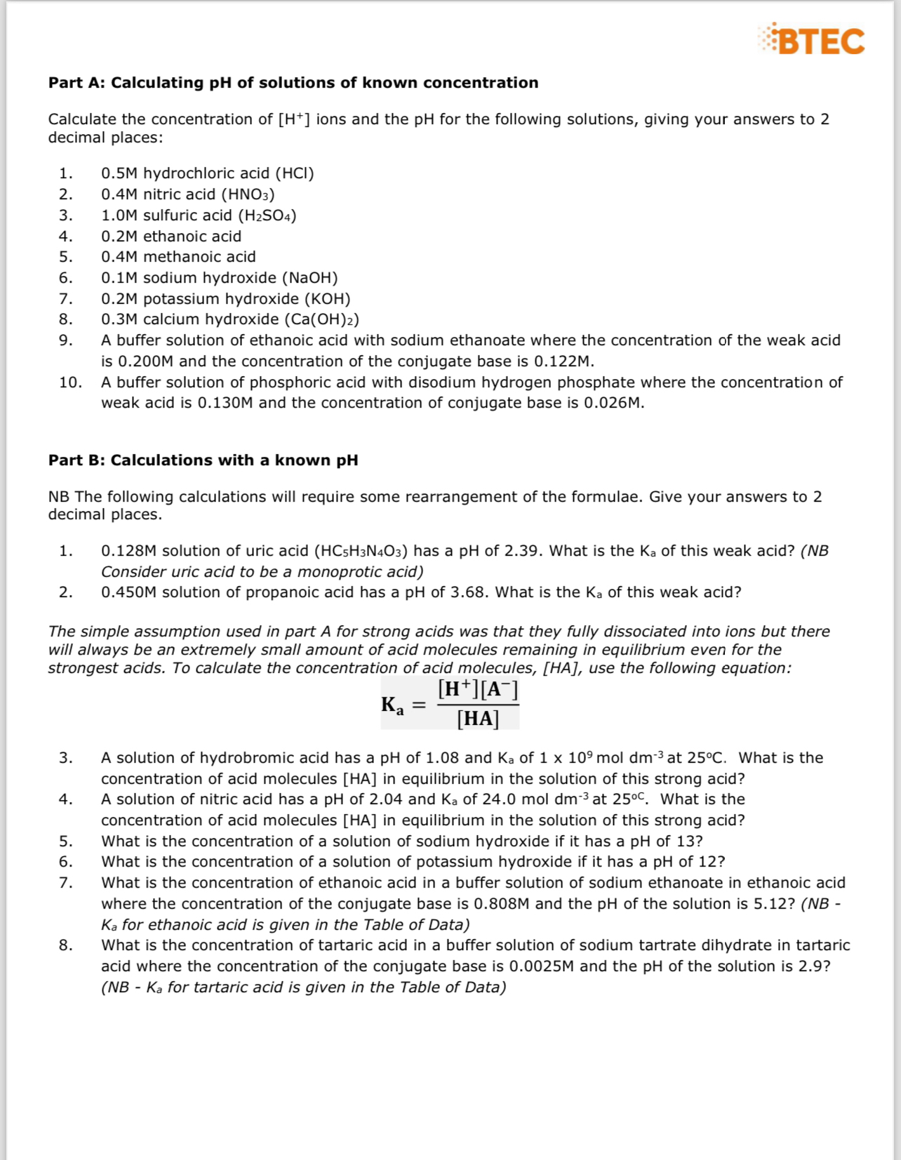 Solved Part A: Calculating pH of solutions of known | Chegg.com