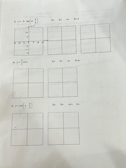 Solved 3. y=2tan(x+4π) h=b=a= y=23cotx h=b=a= y=csc(x2π) | Chegg.com