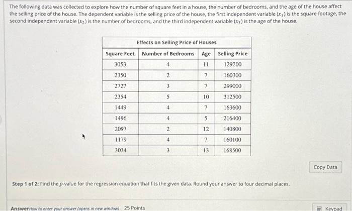 Solved The following data was collected to explore how the | Chegg.com