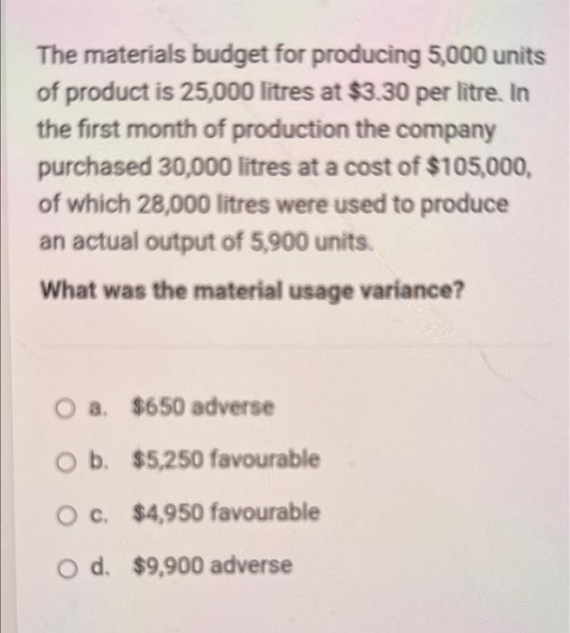 Solved The materials budget for producing 5,000 units of | Chegg.com