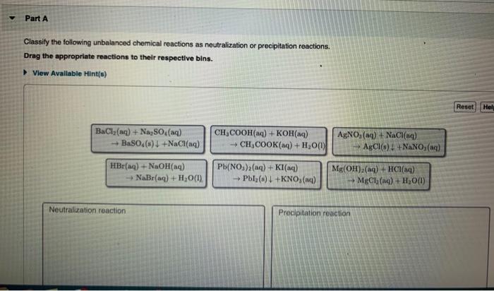 Solved Part A Classify the following unbalanced chemical | Chegg.com