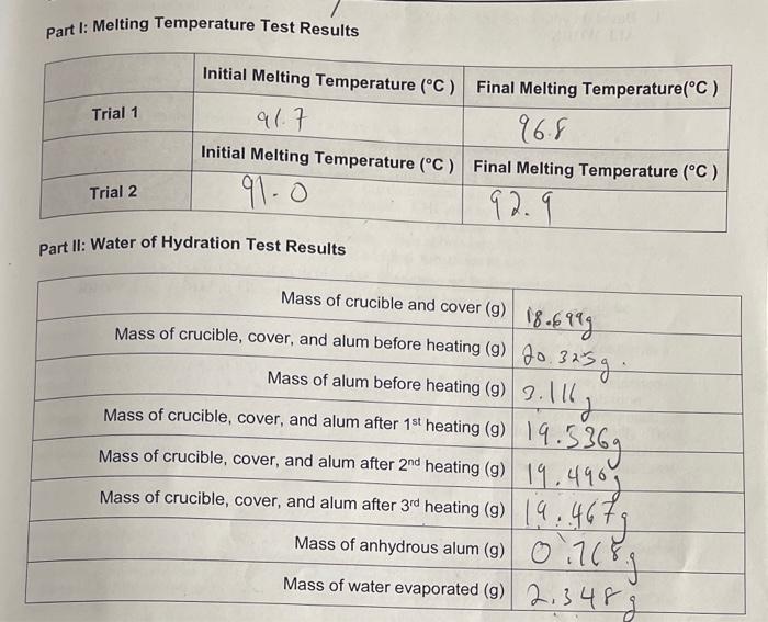 Solved Part I: Melting Temperature Test Results Trial 1 | Chegg.com