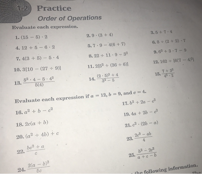 Solved 1 2 Practice Order Of Operations Evaluate Each Chegg