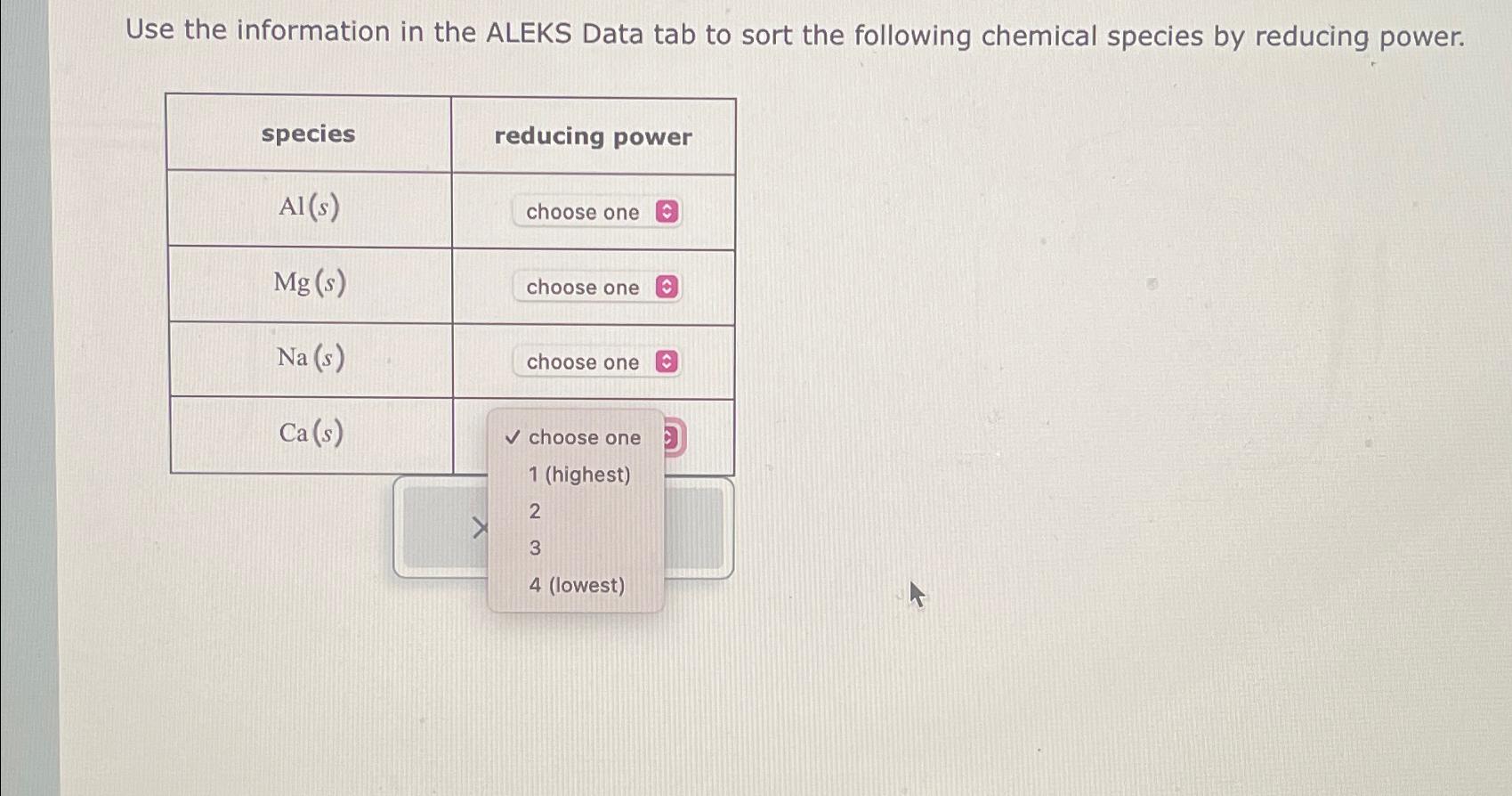 Solved Use the information in the ALEKS Data tab to sort the | Chegg.com