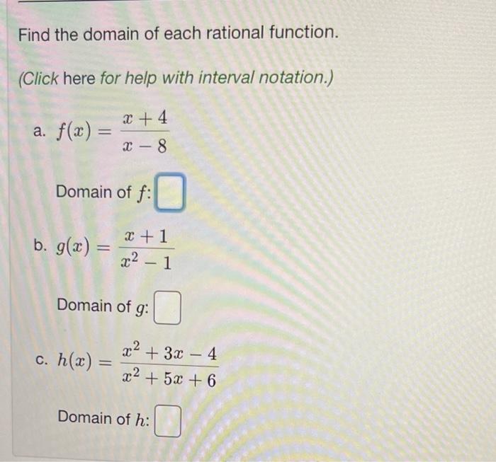 Solved Find the domain of each rational function. (Click | Chegg.com
