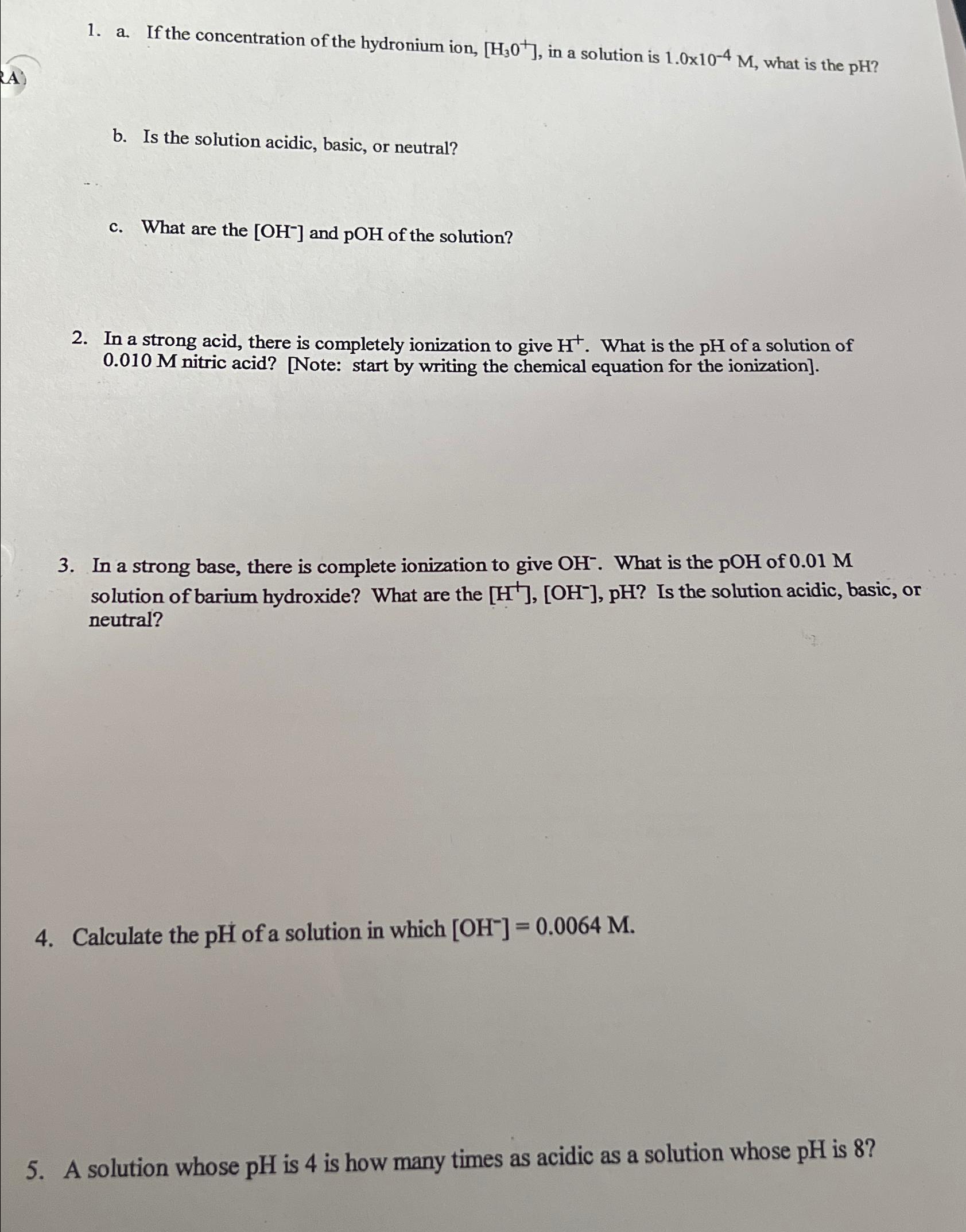 Solved a. ﻿If the concentration of the hydronium ion, H30+, | Chegg.com