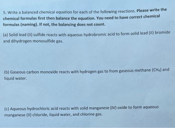 Solved 5. Write a balanced chemical equation for each of the | Chegg.com