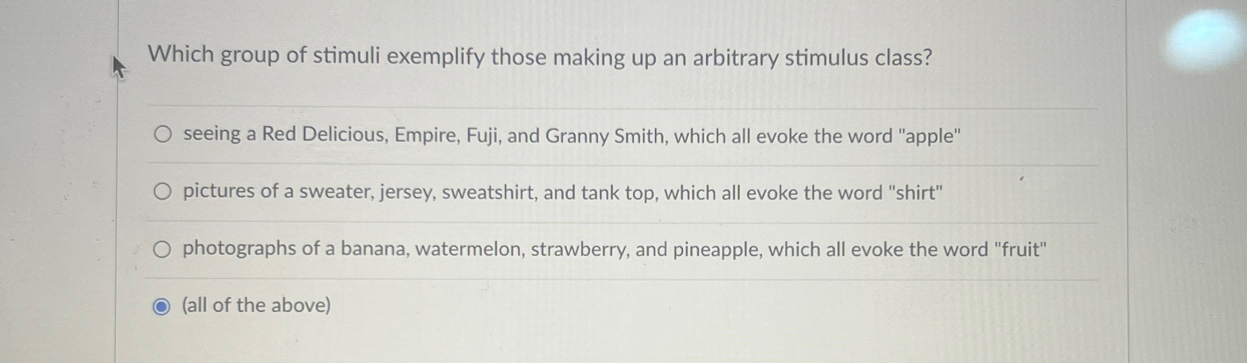 Solved Which group of stimuli exemplify those making up an | Chegg.com