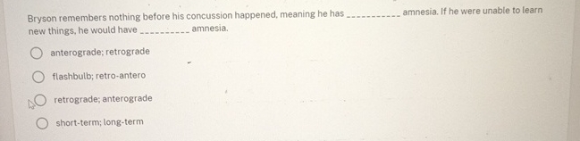 Solved Bryson remembers nothing before his concussion | Chegg.com